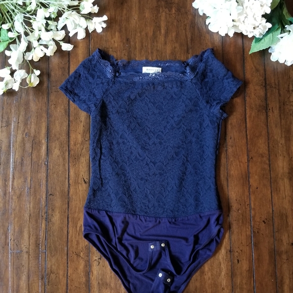 Monteau | Tops | Monteau Navy Royal Blue Lace Cap Sleeve Bodysuit ...